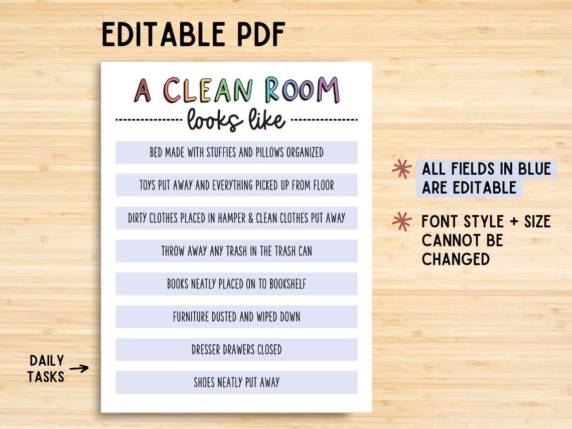 Printable Kids Room Cleaning Guide, Chore Chart Editable PDF, Family ...