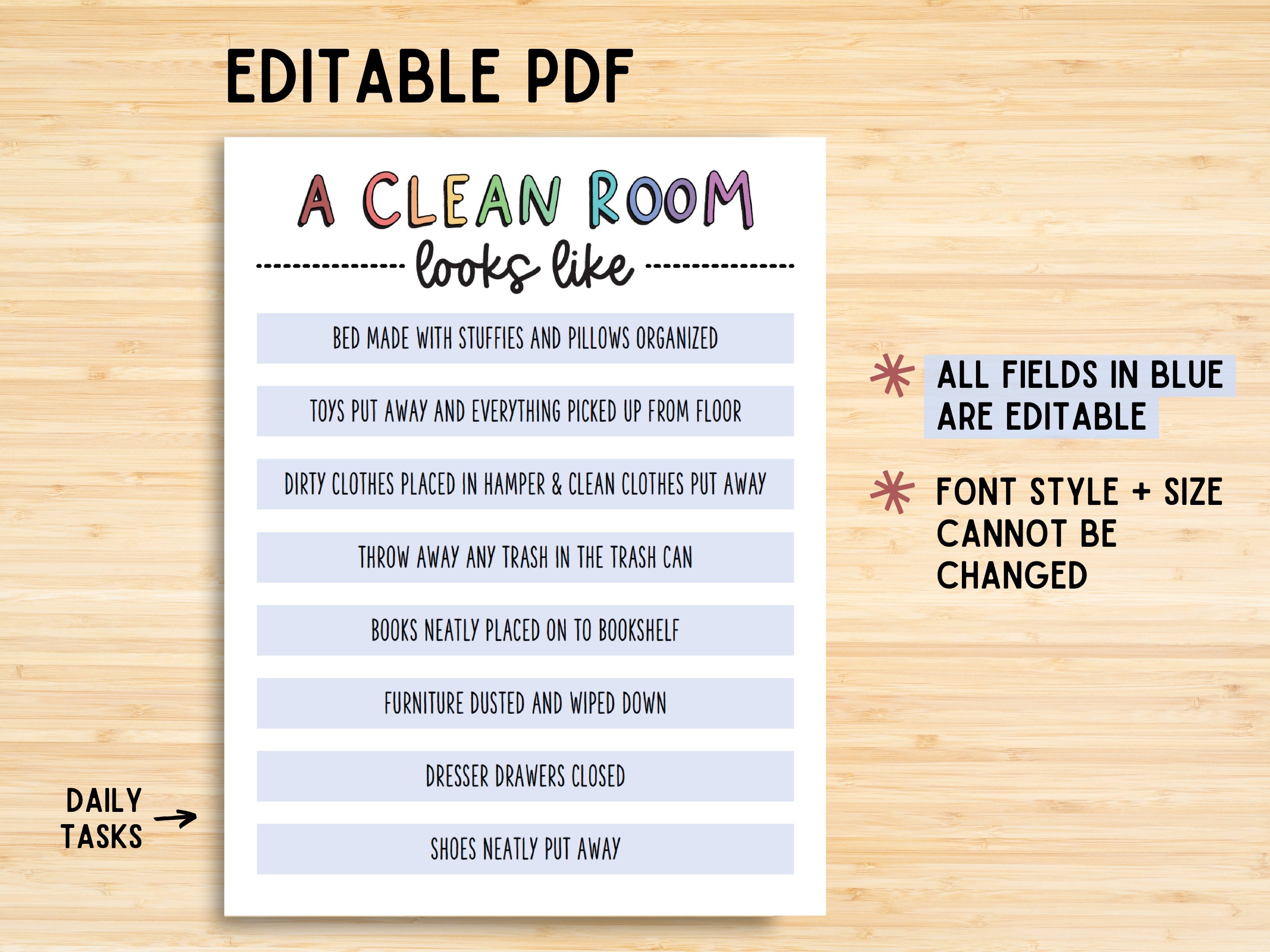 Printable Kids Room Cleaning Guide Chore Chart Editable PDF - Etsy