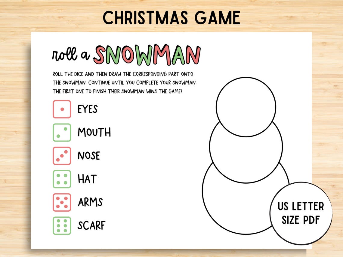 Roll A Snowman Game, Printable Christmas Game, Roll the Dice Game ...