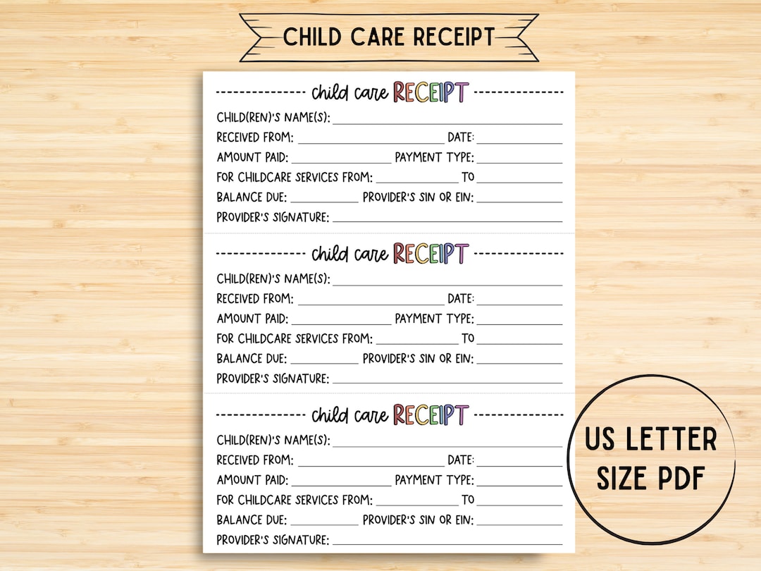 Child Care Receipt, Child Care Payments, Printable Receipt for Daycare ...