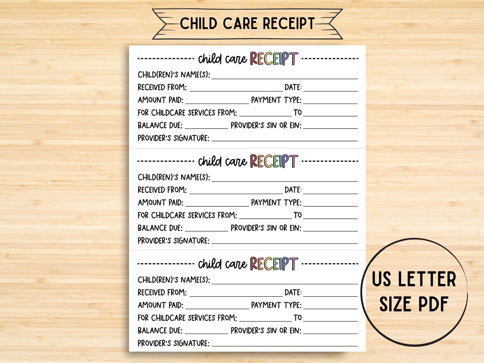 Child Care Receipt, Child Care Payments, Printable Receipt for Daycare ...