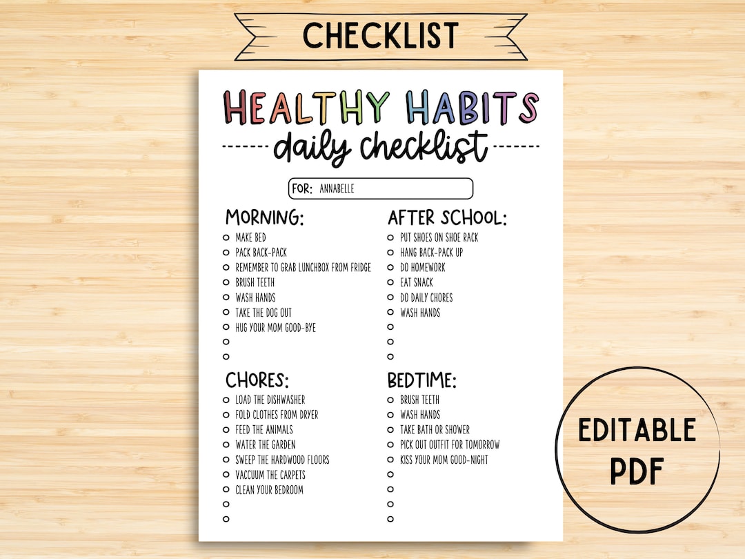 Healthy Habits Checklist, Chore Chart, Kids Daily Routine, Printable ...