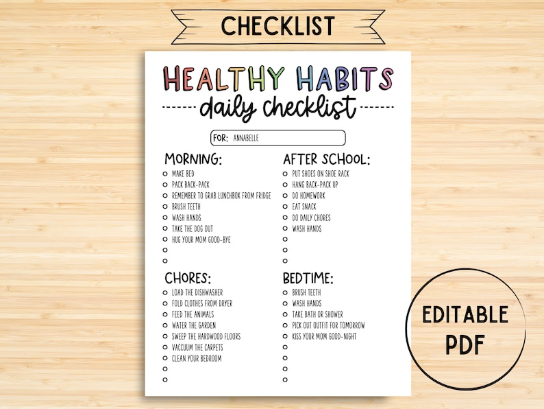 Healthy Habits Checklist Chore Chart Kids Daily Routine - Etsy