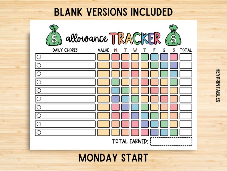 Editable Allowance Tracker Kids, Earn Money Chart, Daily Weekly ...