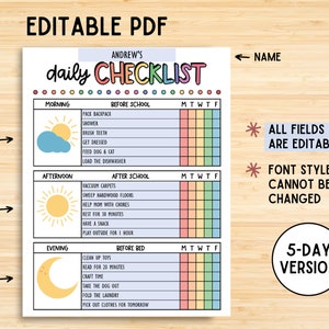 Editable Daily Checklist for Kids, Printable, Kids Responsibility Chart ...