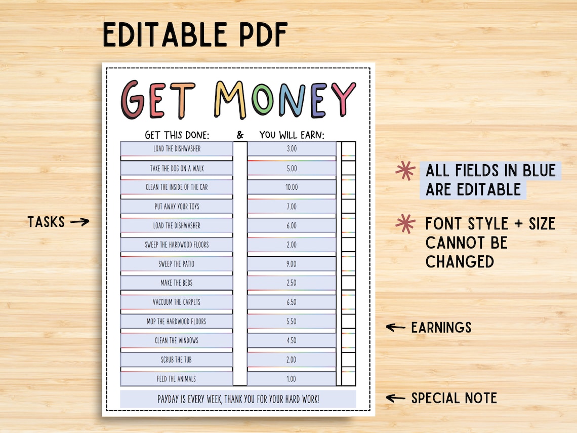 Editable Allowance Chart for Kids Allowance Tracker Editable - Etsy