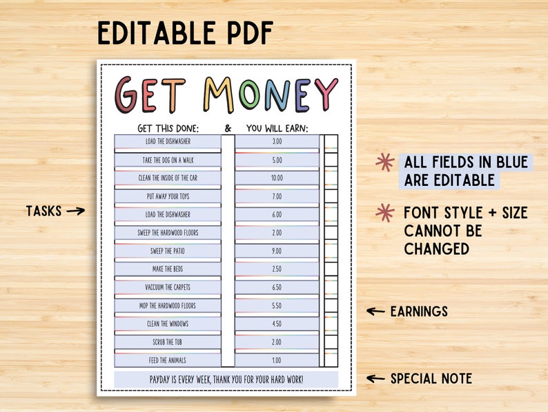 Editable Allowance Chart for Kids Allowance Tracker Editable - Etsy