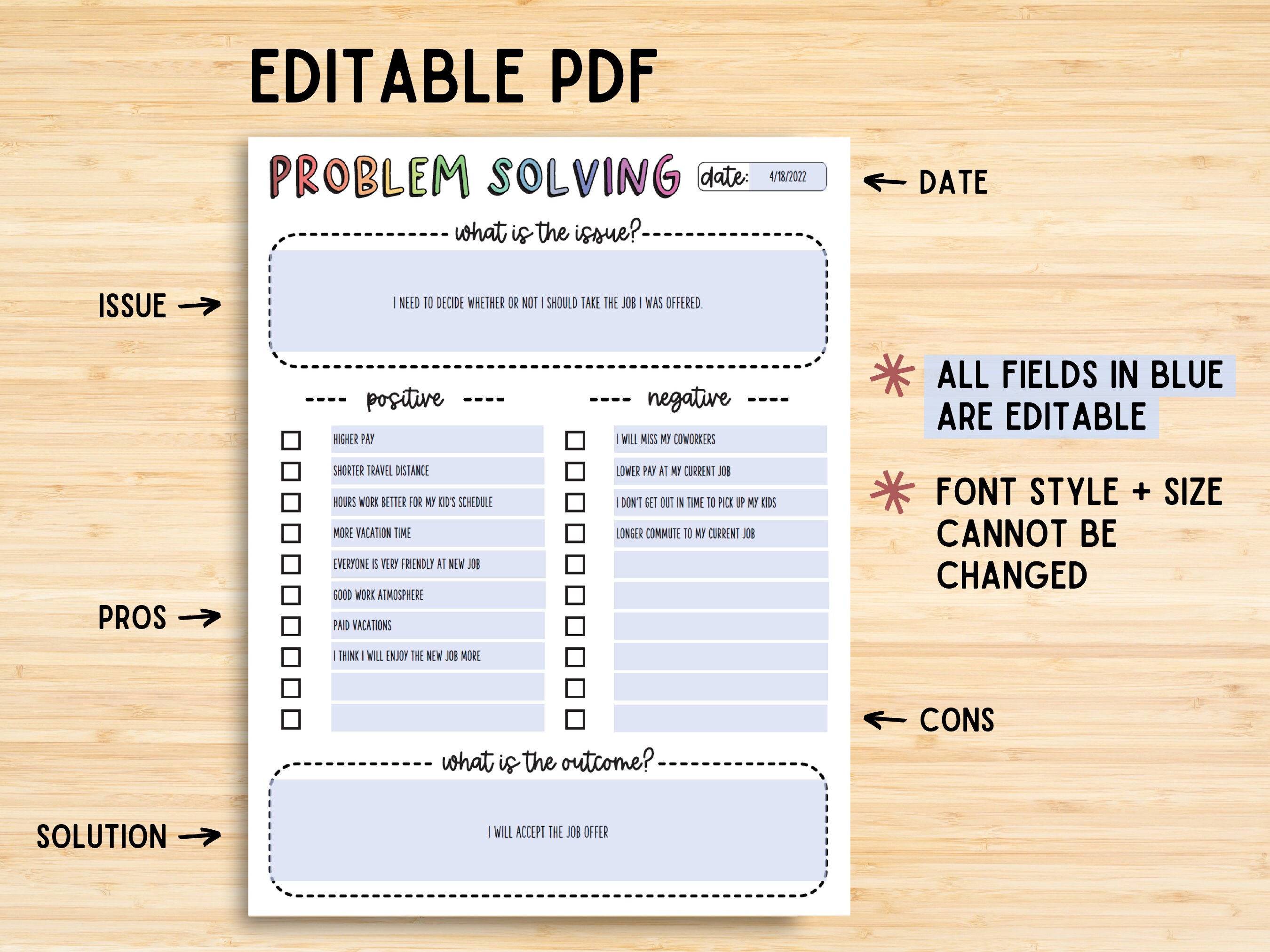 Problem Solving Sheet, Pro and Con List, Decision Maker, Household ...