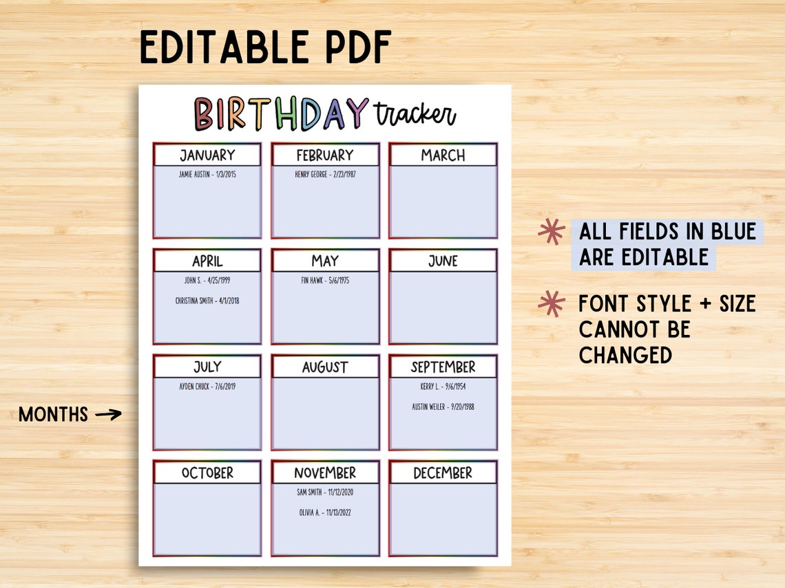 Birthday Organizer by Month Birthday Tracker Kids Adults - Etsy