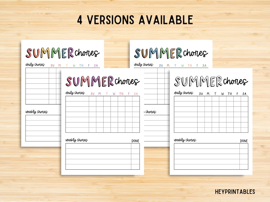 Chore Chart, Printable Editable SUMMER Daily & Weekly Kids Chore ...
