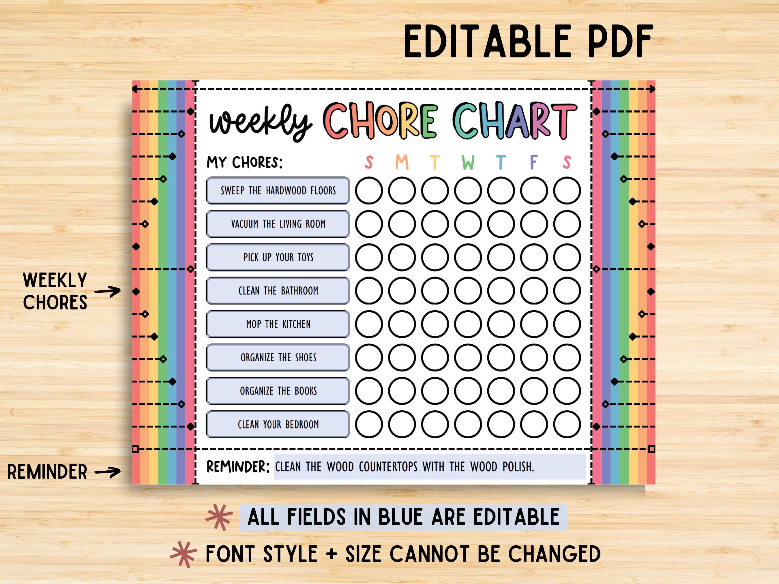 Editable Chore Chart for Kids, Kids Daily Weekly Responsibility Chart ...