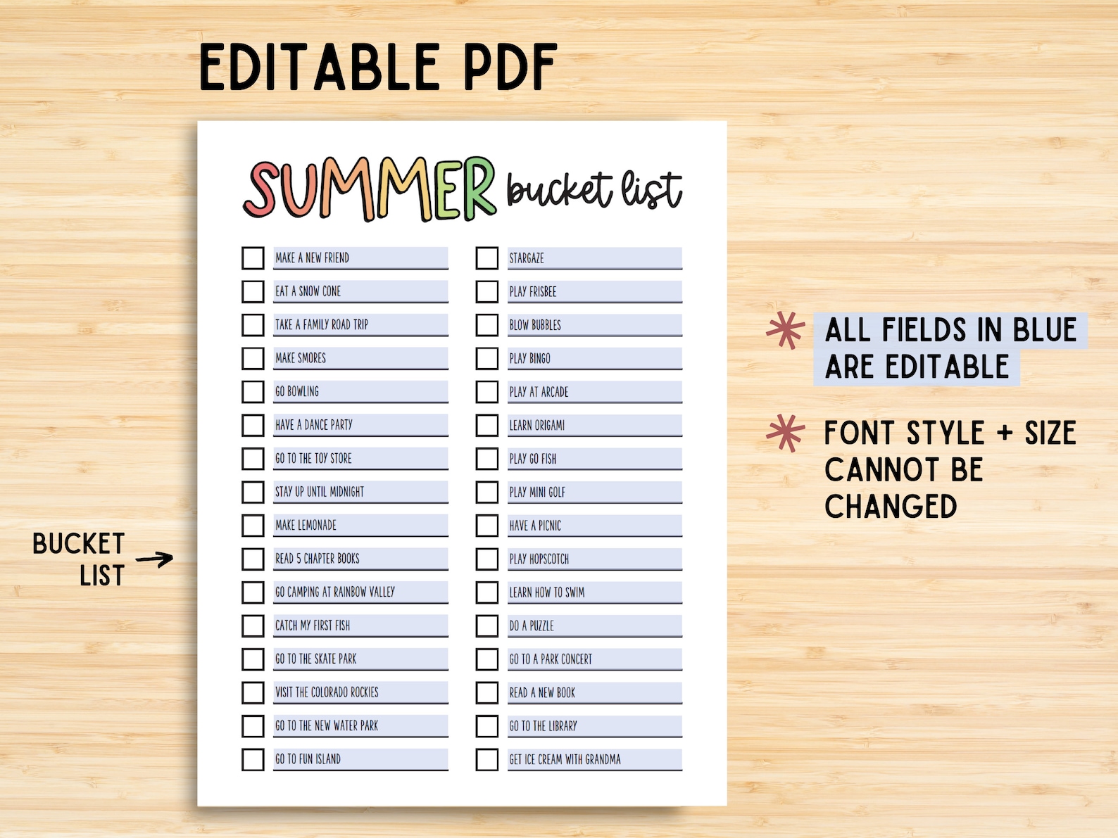 Summer Bucket List Printable, Editable Checklist for Kids Poster, Fun ...