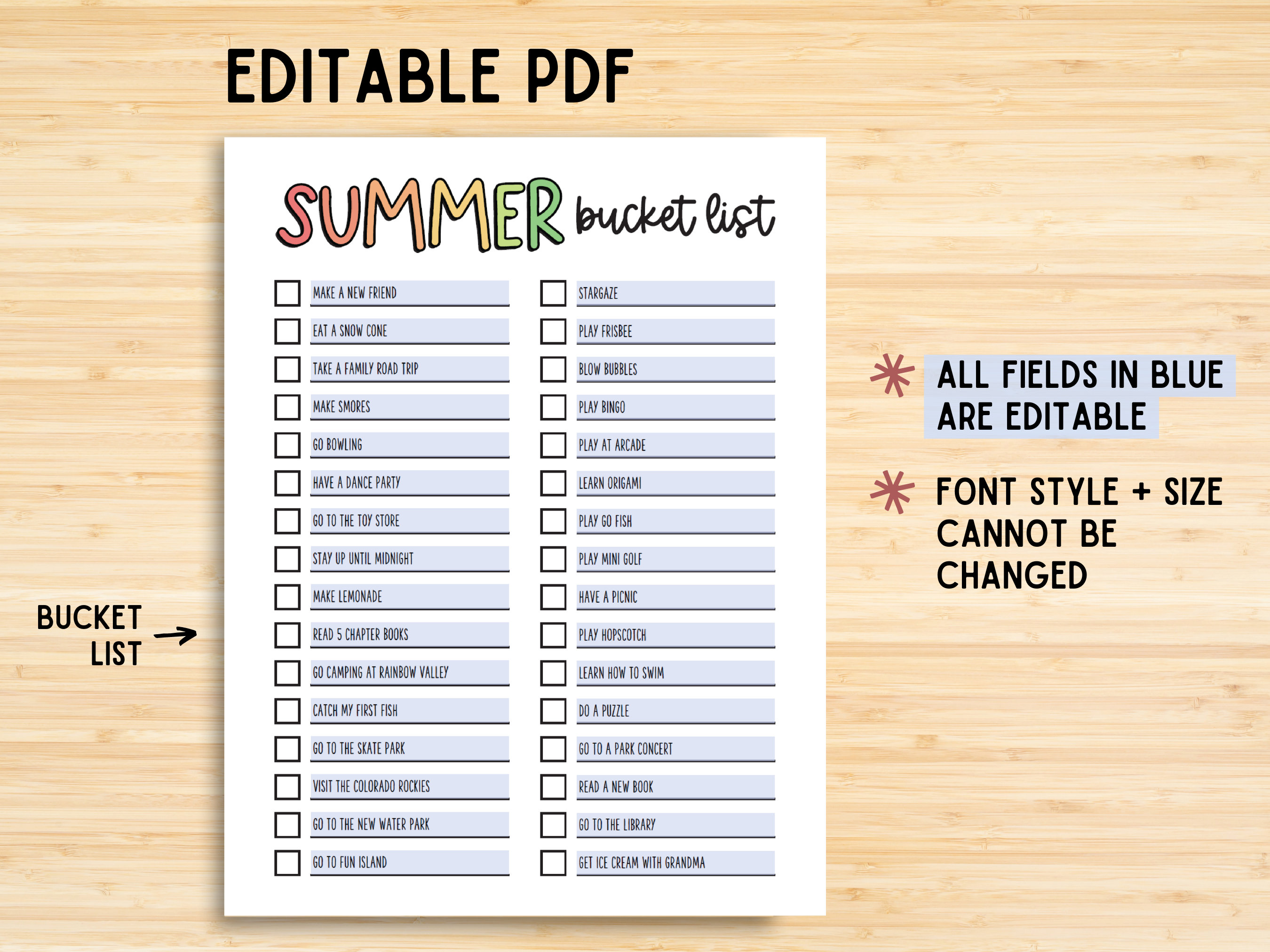 Summer Bucket List Printable, Editable Checklist for Kids Poster, Fun ...