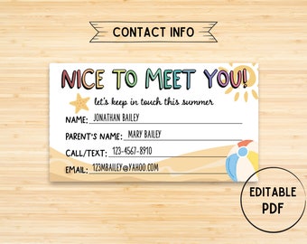 Printable Summer Contact Card, End of School Cards for Kids, Play Date ...