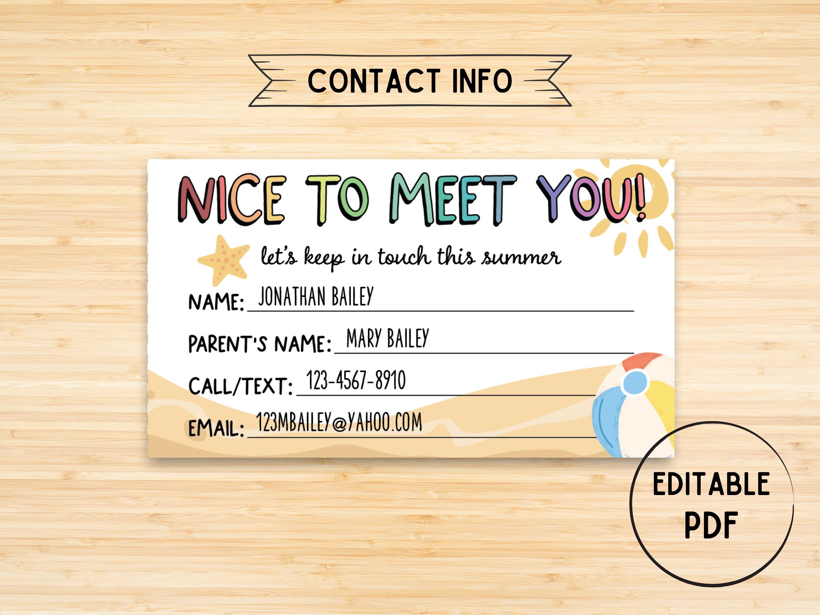 Printable Summer Contact Card, Editable, End of School Cards for Kids ...