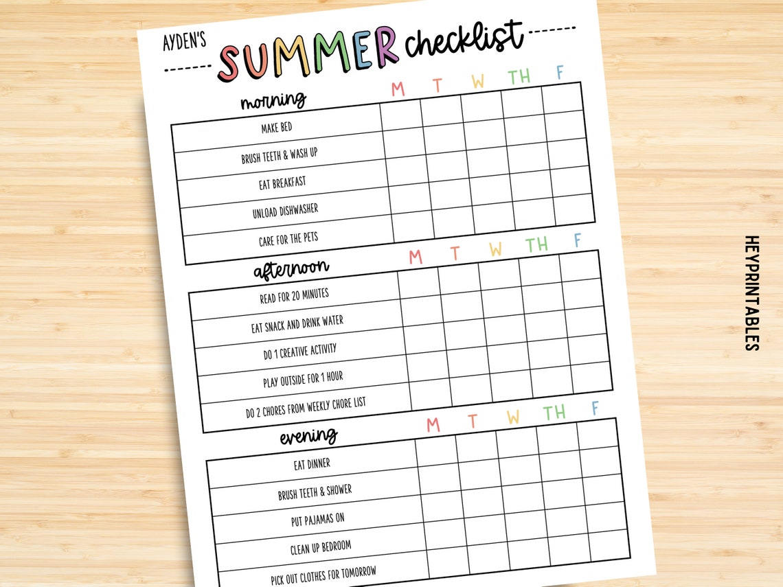 Chore Chart Printable Editable Summer Daily Checklist for - Etsy