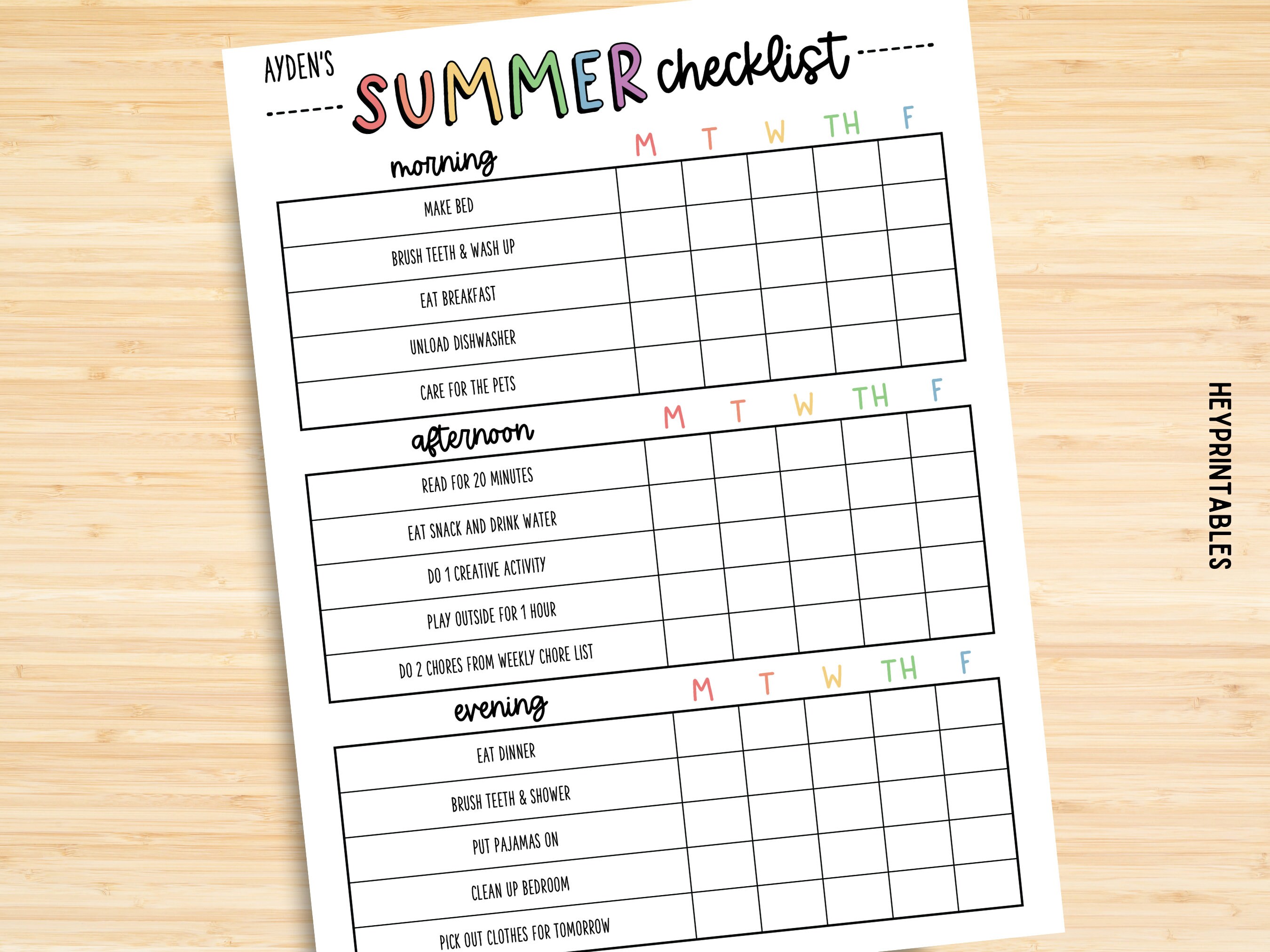 Chore Chart, Printable Editable Summer Daily Checklist for Kids, Chore ...