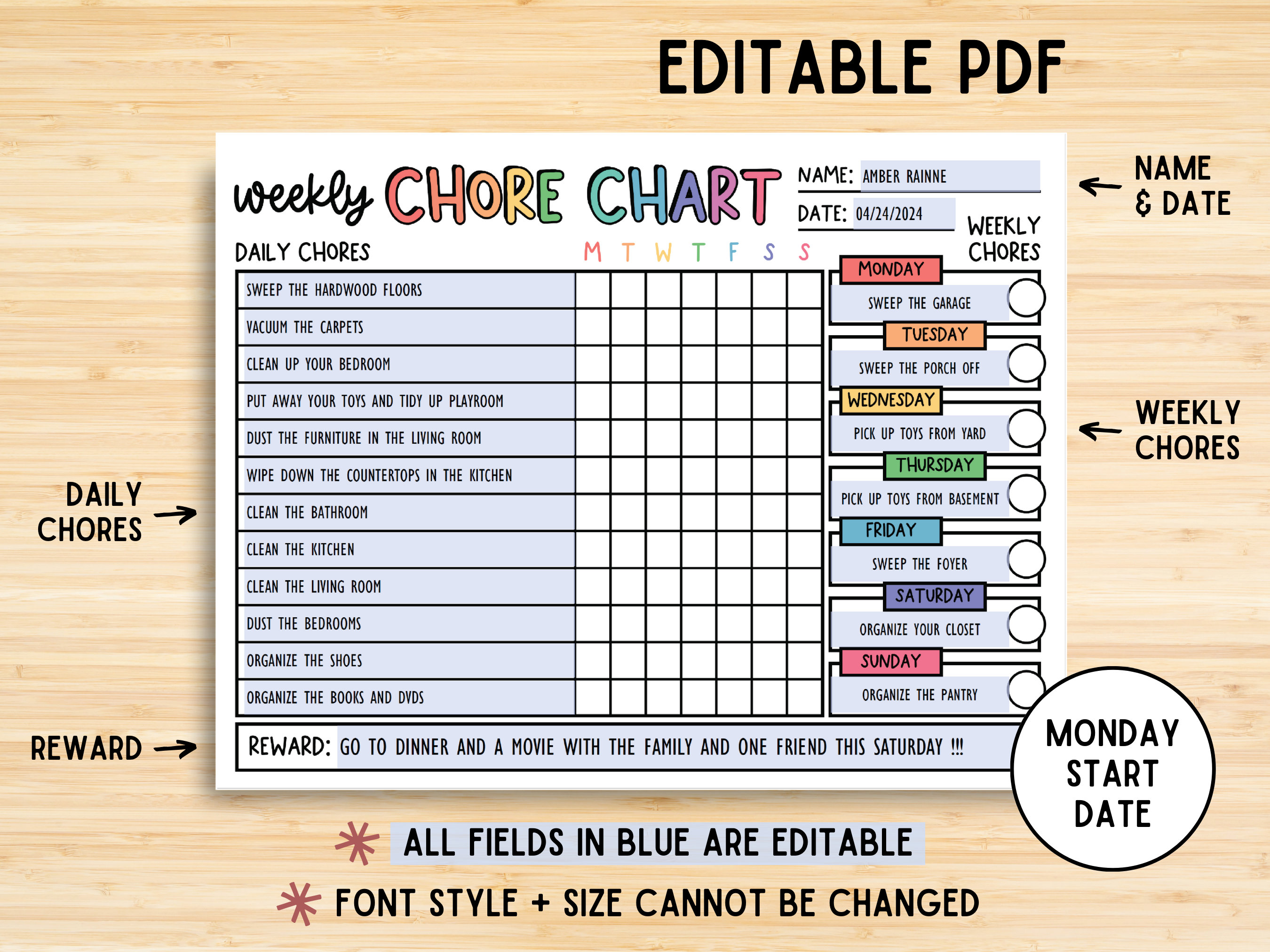Editable Chore Chart for Kids, Printable, Kids Daily Weekly ...