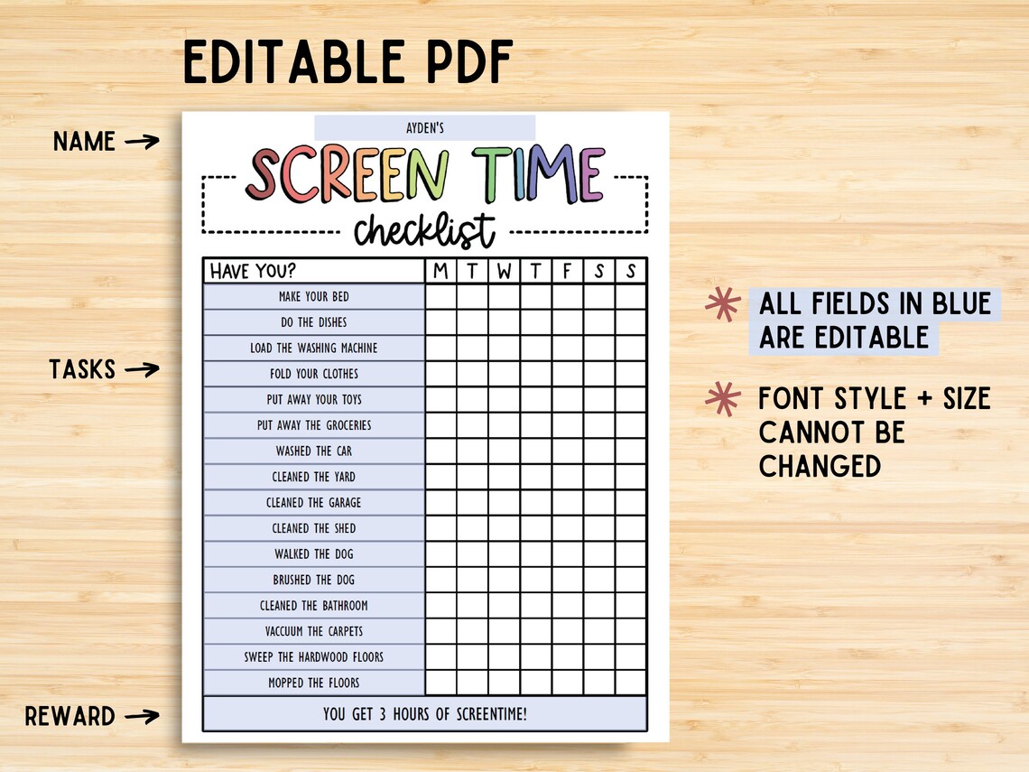 Editable Screen Time Checklist Screen Time Rules Screen Time - Etsy