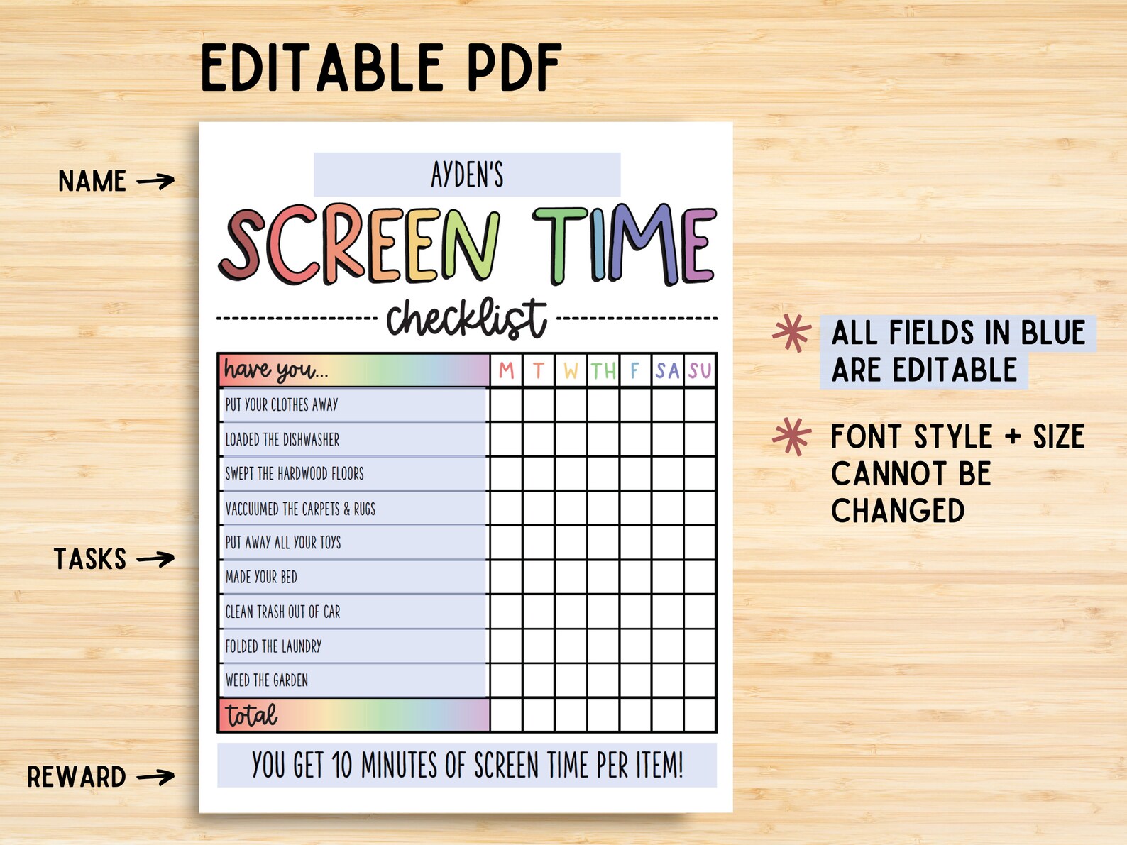 Screen Time Checklist Editable Printable Screen Time Chore - Etsy