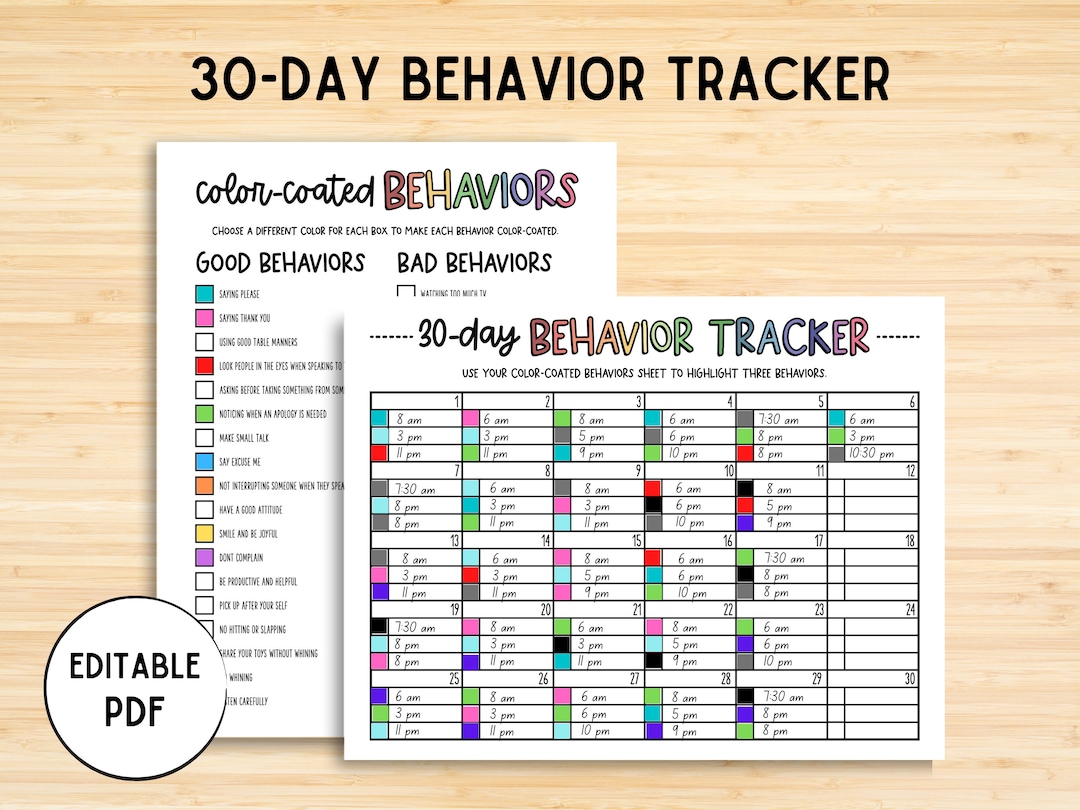 Kids 30-day Behavior Tracker, Color-coated, Good Bad Behaviors, Daily ...