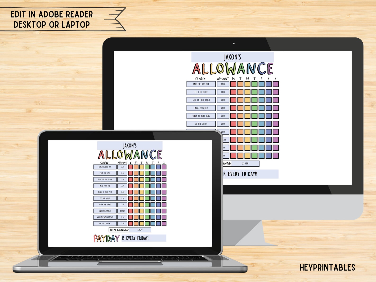 Editable Allowance Tracker Kids, Earn Money Chart, Daily Weekly ...