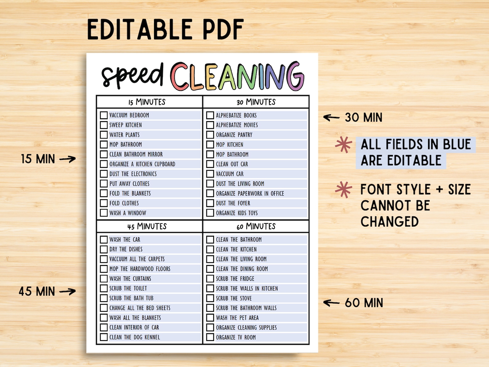 Speed Cleaning Checklist, Printable Speed Cleaning Checklist, Power ...