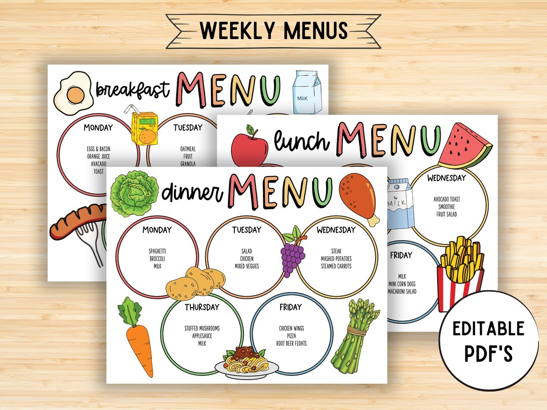 Editable Kids Breakfast, Lunch, Dinner Planner, Meal Weekly Planner ...