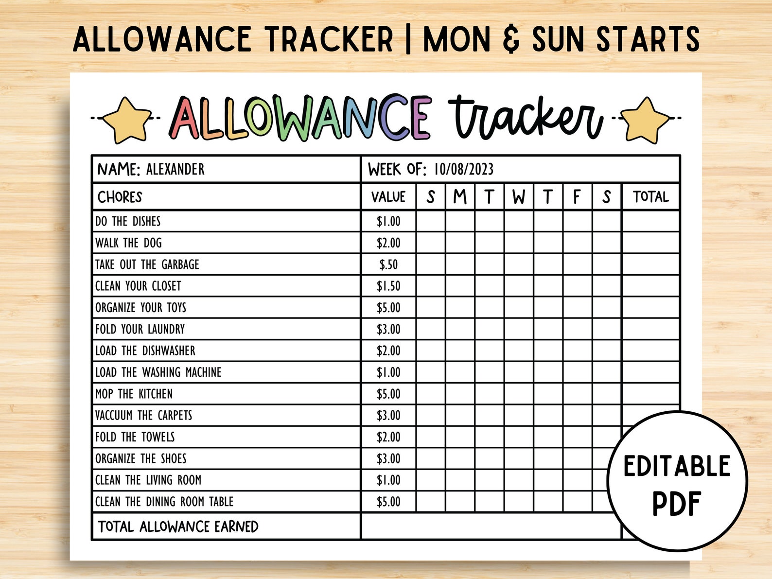 Allowance Tracker Weekly Allowance Chore Chart Editable - Etsy
