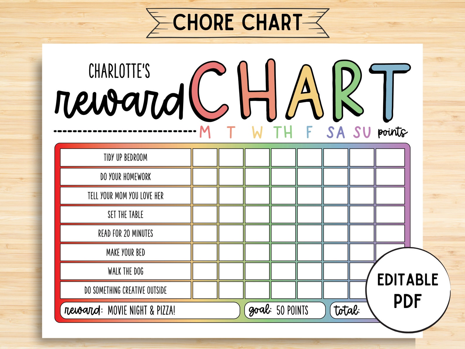 Reward Chart Printable Editable Weekly Kids Chore and Reward - Etsy