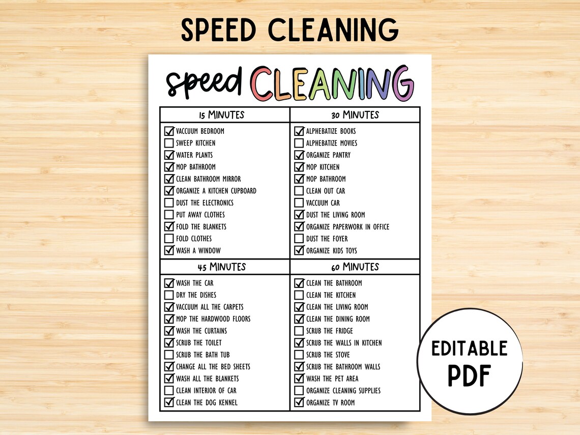 Speed Cleaning Checklist, Printable Speed Cleaning Checklist, Power ...