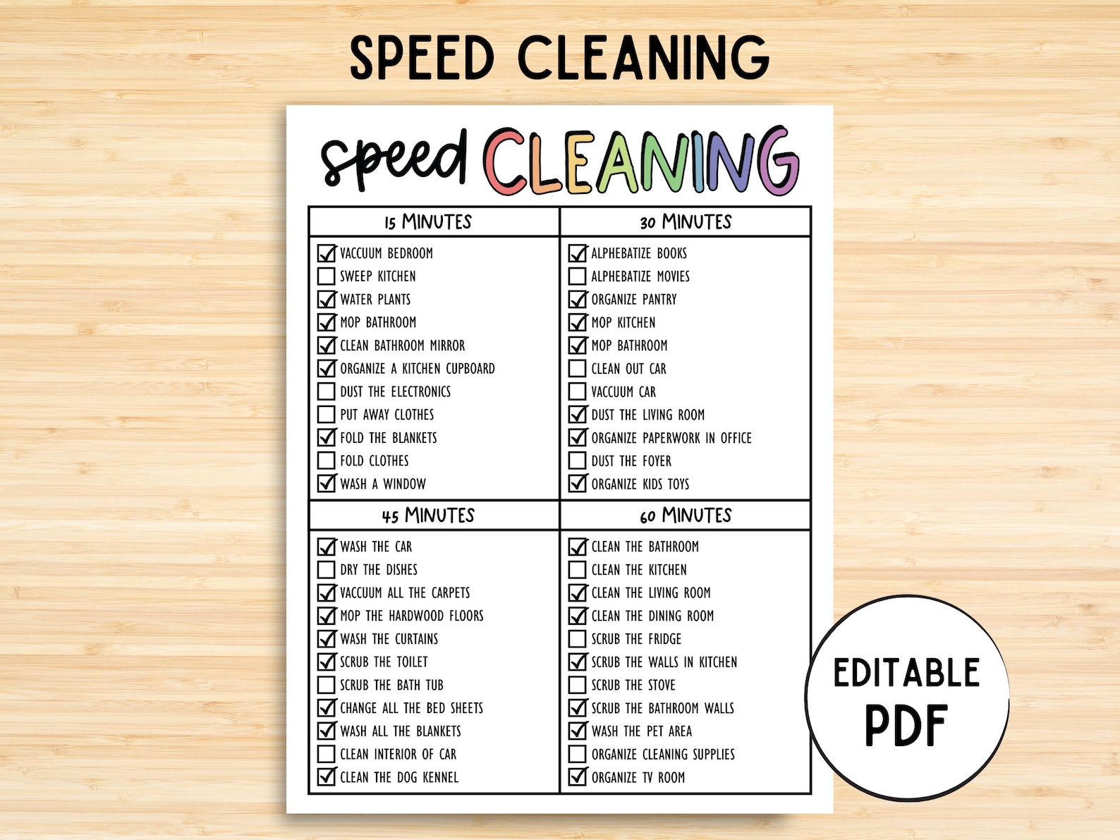 Speed Cleaning Checklist, Printable Speed Cleaning Checklist, Power ...