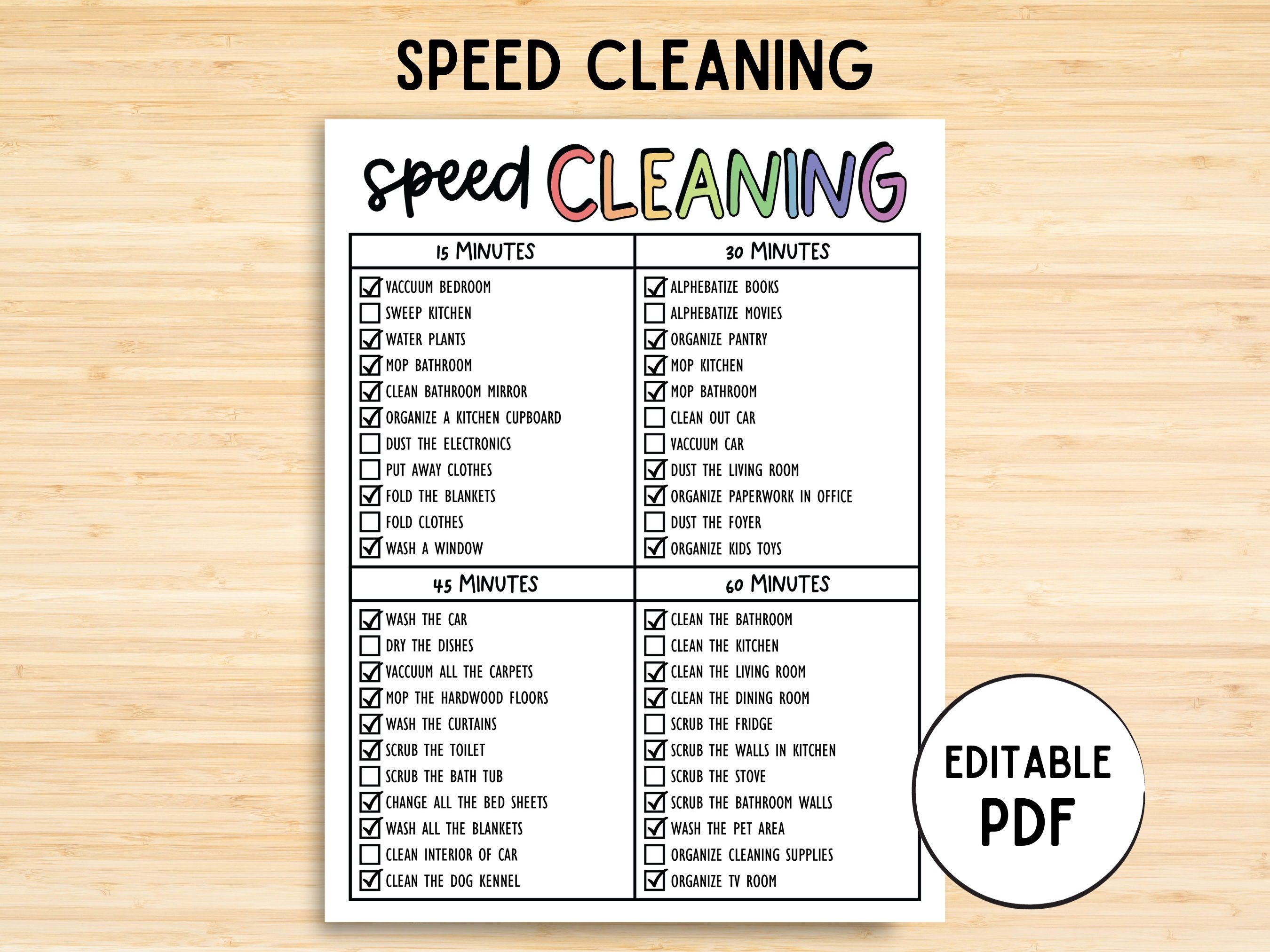 Speed Cleaning Checklist, Printable Speed Cleaning Checklist, Power ...