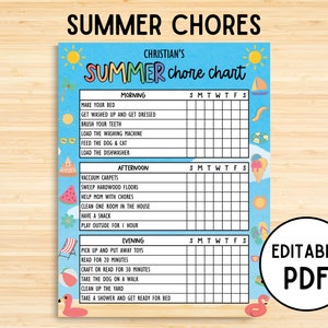 Fun Summer Chore Chart for Kids, Editable Chore Reward Chart, Kids ...