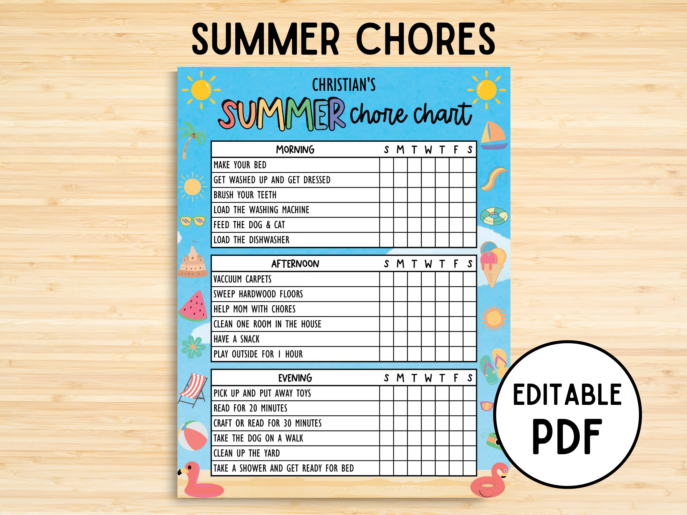 Fun Summer Chore Chart for Kids, Editable Chore Reward Chart, Kids ...