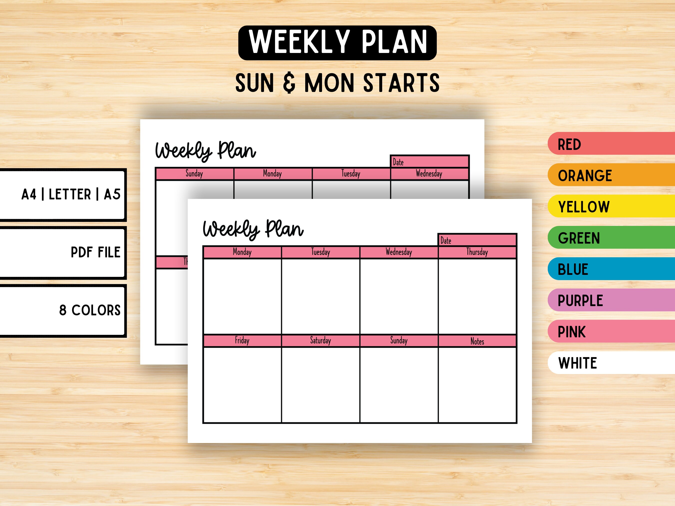 Weekly Planner Printable Landscape, Rainbow Weekly Schedule, Week at a ...