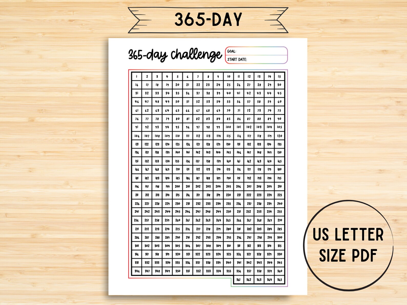 365 Day Challenge Printable, US Letter, Tracker Sheet, Habit, Exercise ...