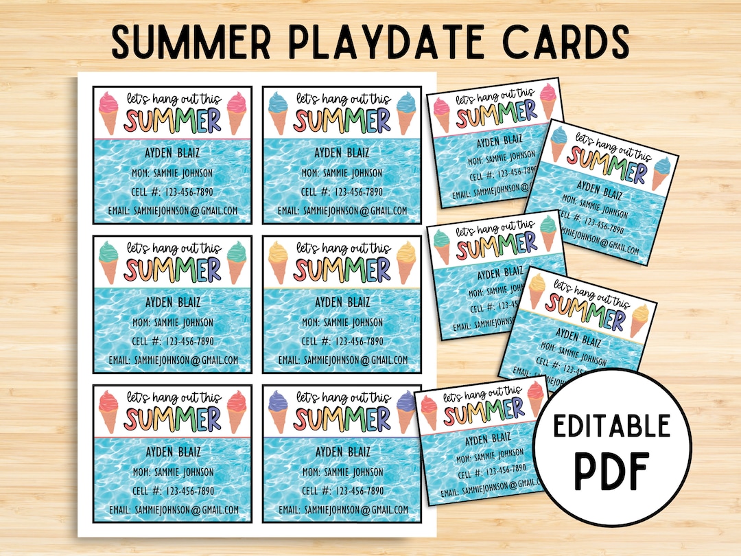 Editable Playdate Cards for Kids Template, Keep in Touch Cards, Summer ...