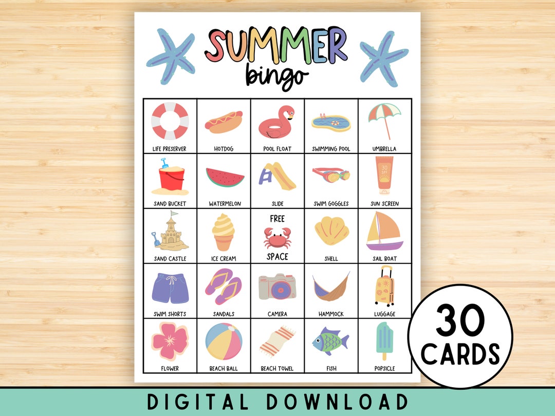 Summer Bingo, 30 Summer Bingo Cards, Summer Activity, Kid's Printable ...