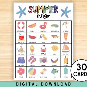 Summer Bingo, 30 Summer Bingo Cards, Summer Activity, Kid's Printable ...
