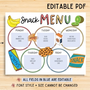 Editable Kids Snack Planner, Meal Weekly Planner, Snacks Menu for ...