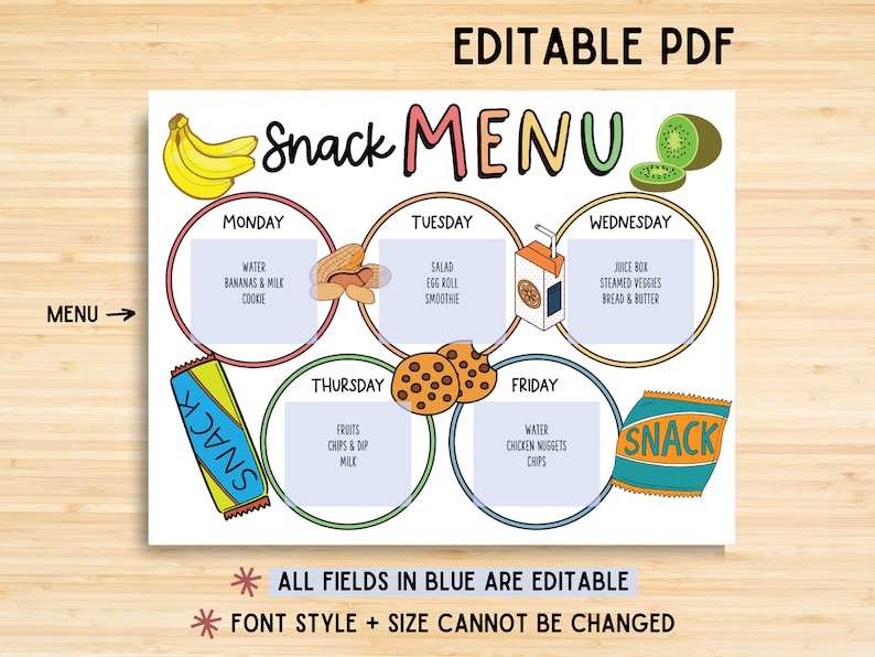 Editable Kids Snack Planner Meal Weekly Planner Snacks Menu - Etsy