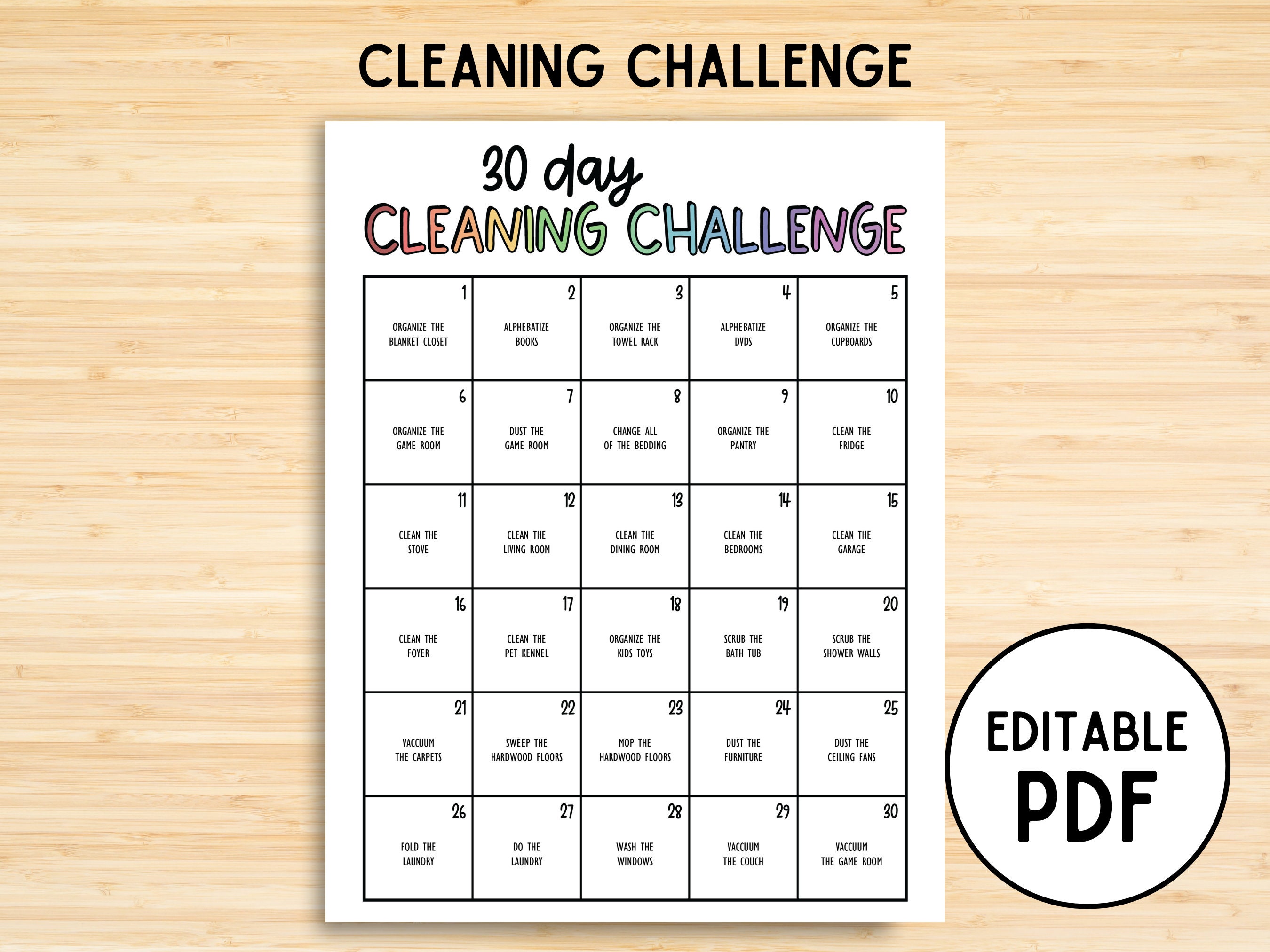30 Day Cleaning Challenge Printable, Cleaning Planner, Cleaning Tracker ...