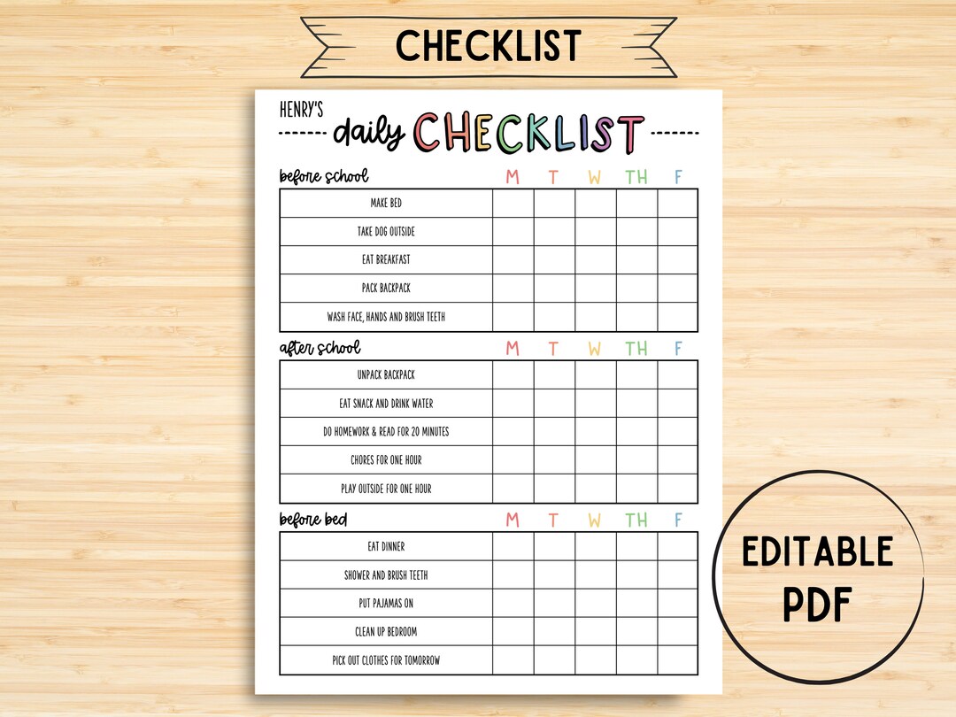 Chore Chart, Printable Editable Daily Checklist for Kids, Chore Chart ...