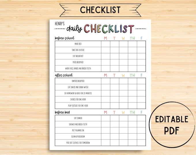 Printable Editable Daily Checklist for Kids | Chore Chart for Kids ...