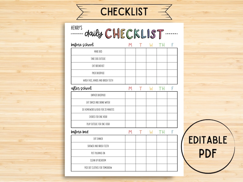 Chore Chart Printable Editable Daily Checklist for Kids - Etsy