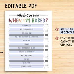 Editable I'm Bored Checklist, Printable Kids Activity List, School ...