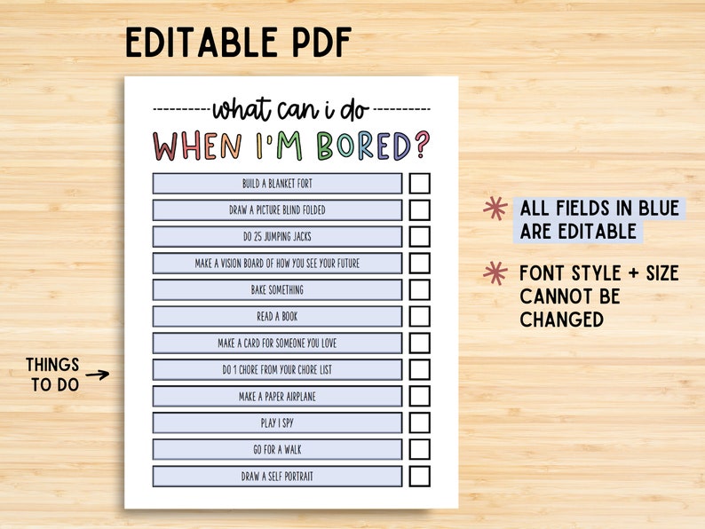 Editable I'm Bored Checklist Printable Kids Activity - Etsy