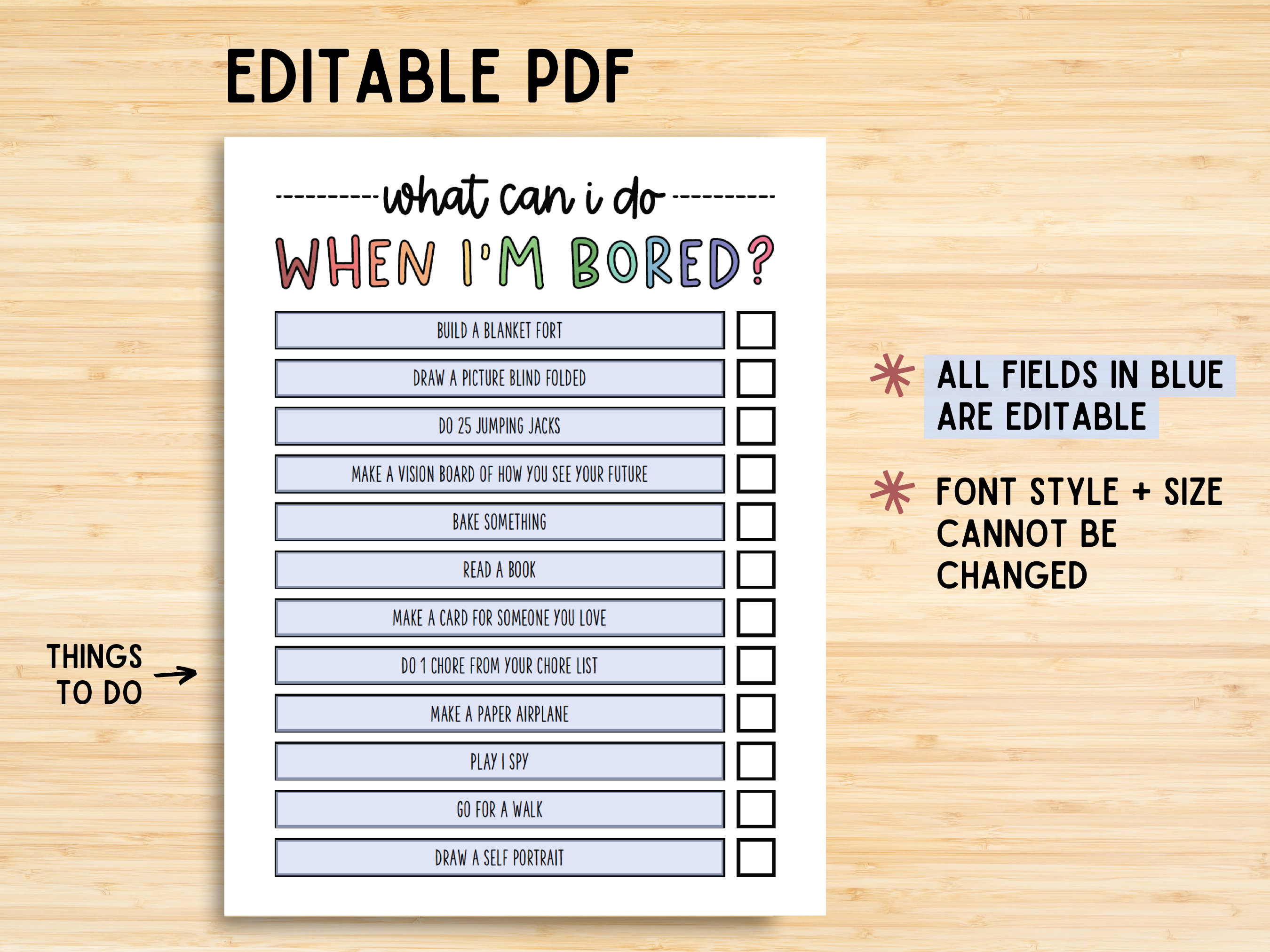 Editable I'm Bored Checklist, Printable Kids Activity List, School ...
