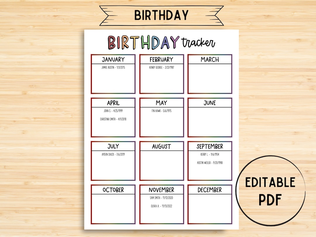 Birthday Organizer by Month, Birthday Tracker, Kids, Adults, Birth ...